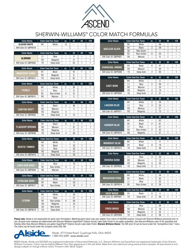 Alside, Catalogs, Ascend Sherwin Williams Color Match Formula Sell ...