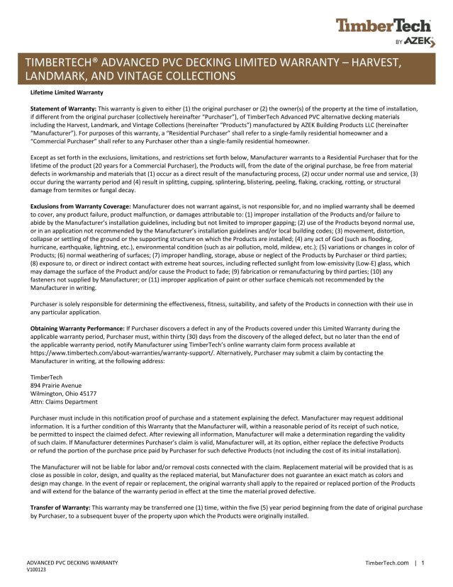 AZEK Building Products, Inc., Catalogs, TimberTech Decking Warranty | ARCAT