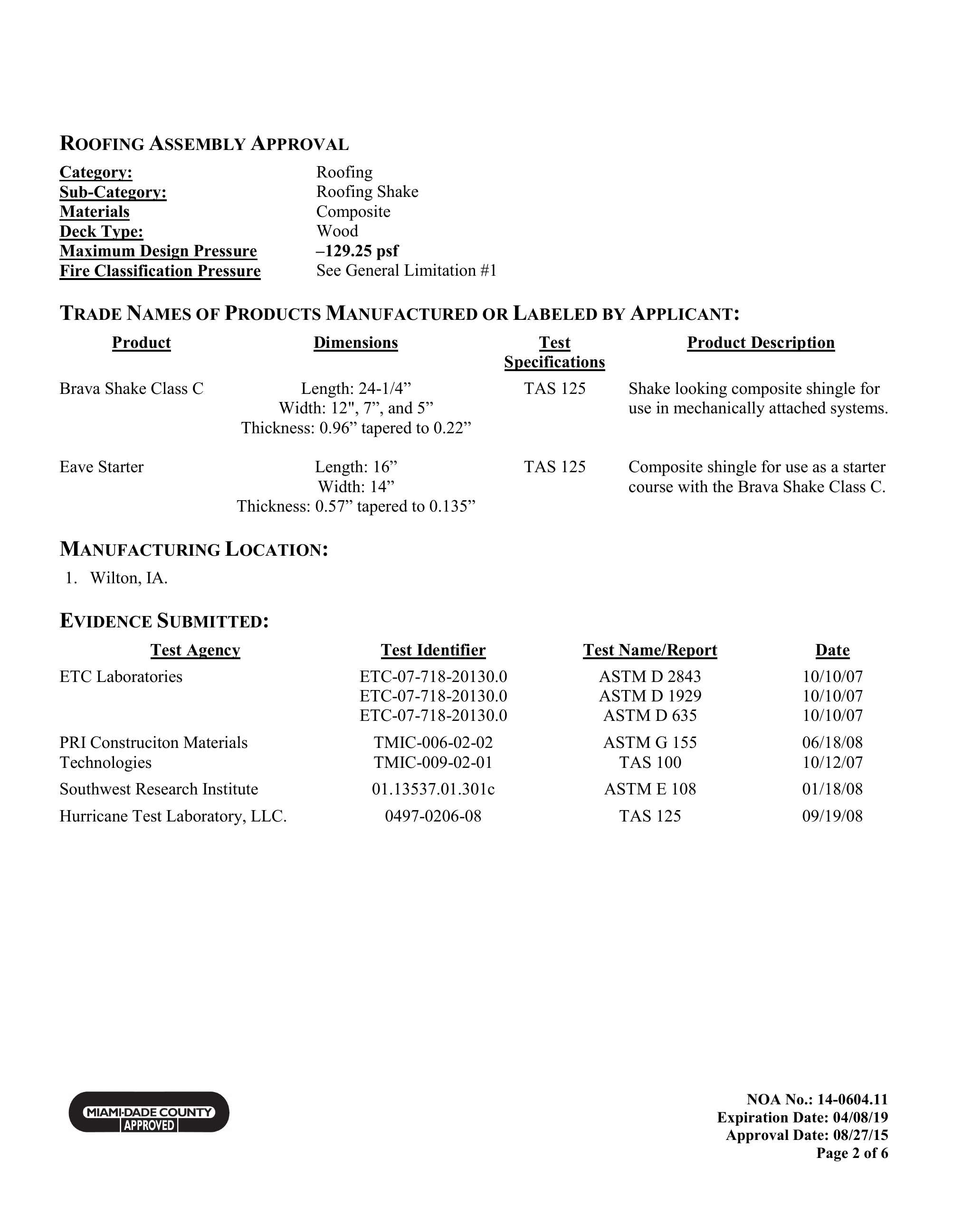 Brava Roof Tile, Catalogs, Shake Class C Miami Dade NOA | ARCAT