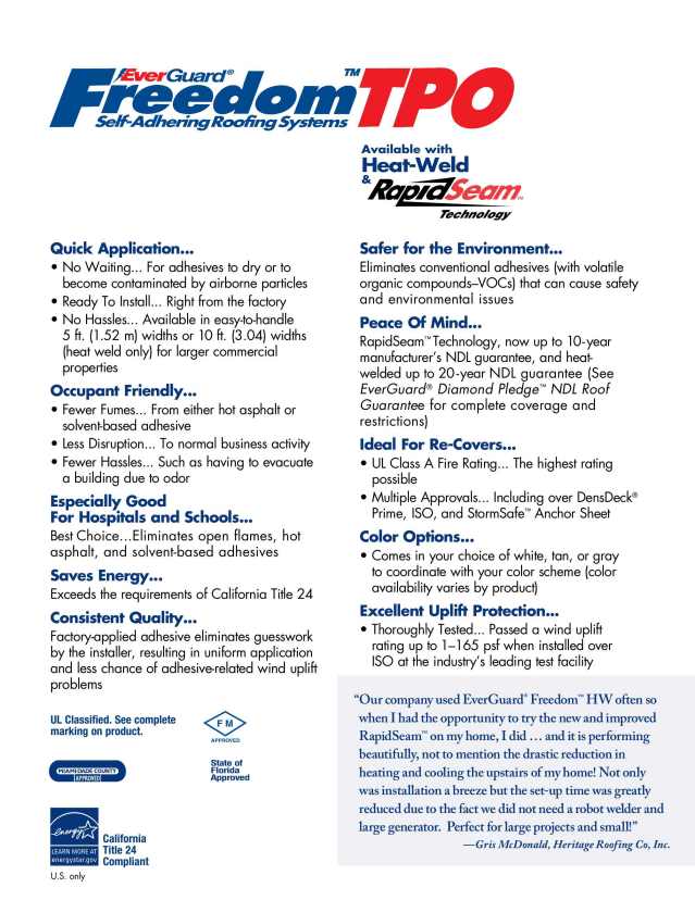 GAF Residential Roofing Products, Catalogs, EverGuard Freedom TPO | ARCAT