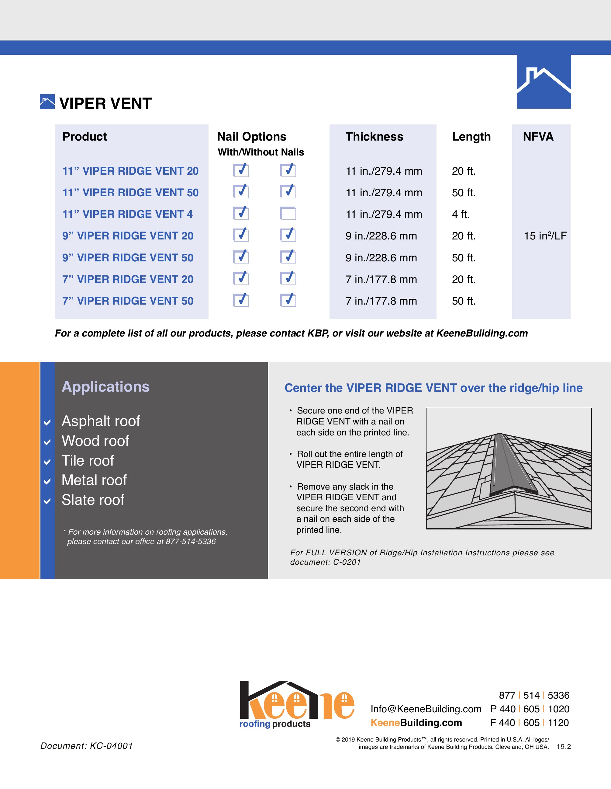 Keene Building Products, Catalogs, Viper Ridge Vent | ARCAT