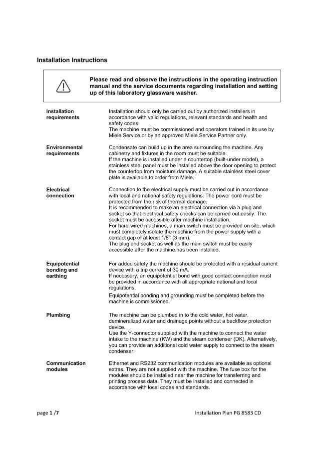 Miele Professional, Catalogs, PG 8593 CD Installation Plan | ARCAT
