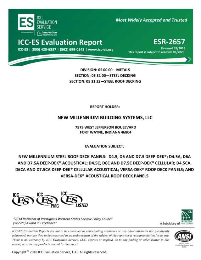 New Millennium Building Systems, Catalogs, ICC-ES Report ESR-2657 | ARCAT