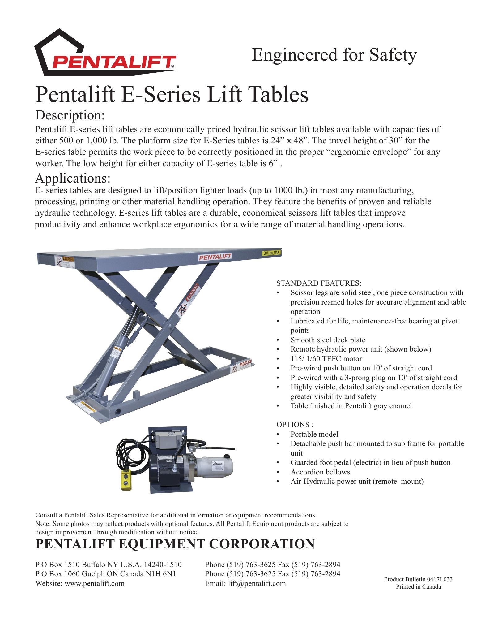 Pentalift Equipment Corp., Catalogs, Pentalift E Series Lift Tables | ARCAT