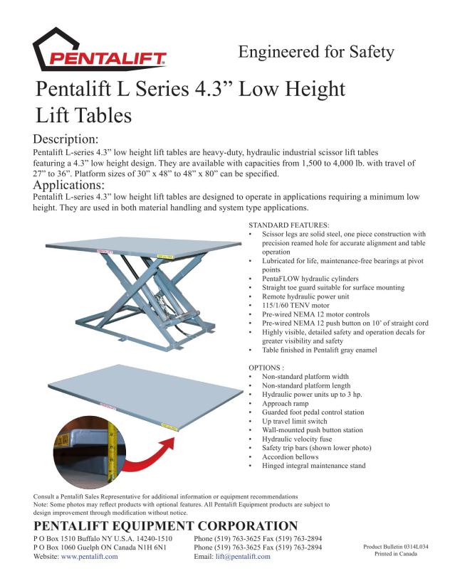 Pentalift Equipment Corp., Catalogs, L Series 4.3 | ARCAT