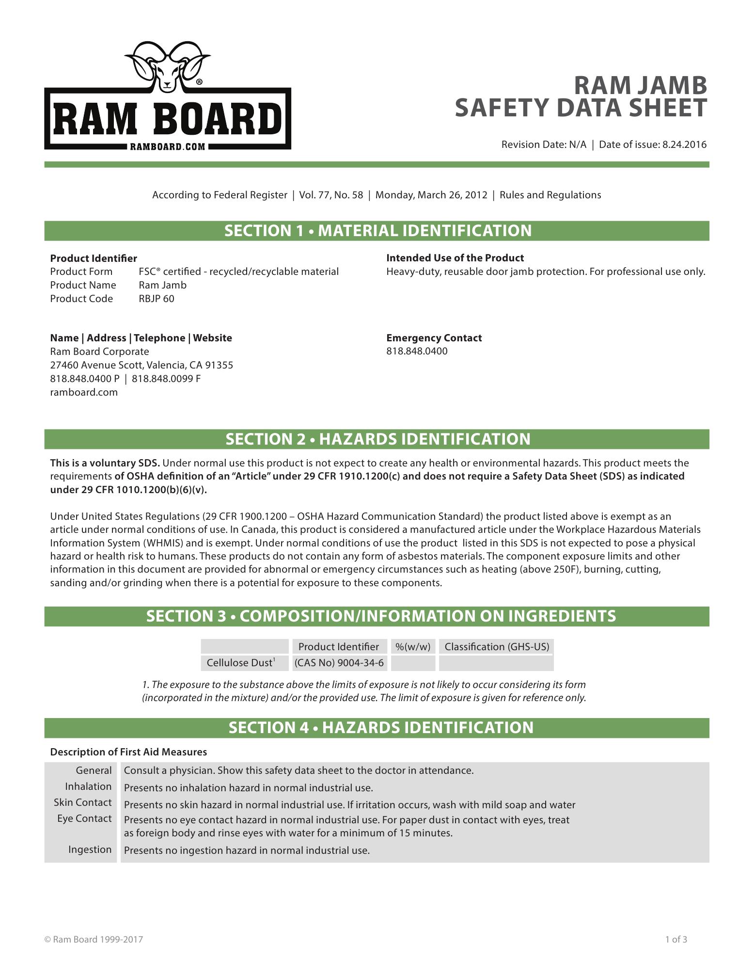 Ram Board/Surface Shields, Catalogs, Ram Jamb Safety Data Sheet | ARCAT