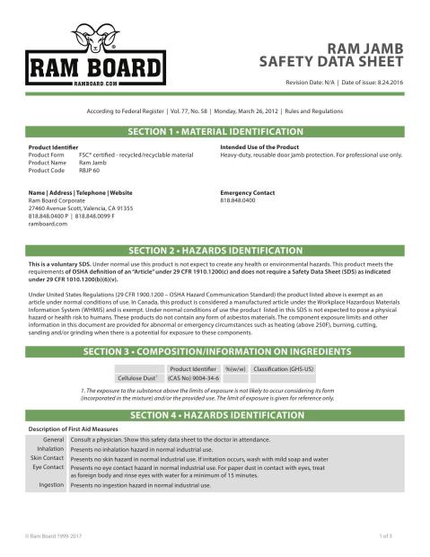 Ram Board/Surface Shields, Catalogs, Ram Jamb Safety Data Sheet | ARCAT