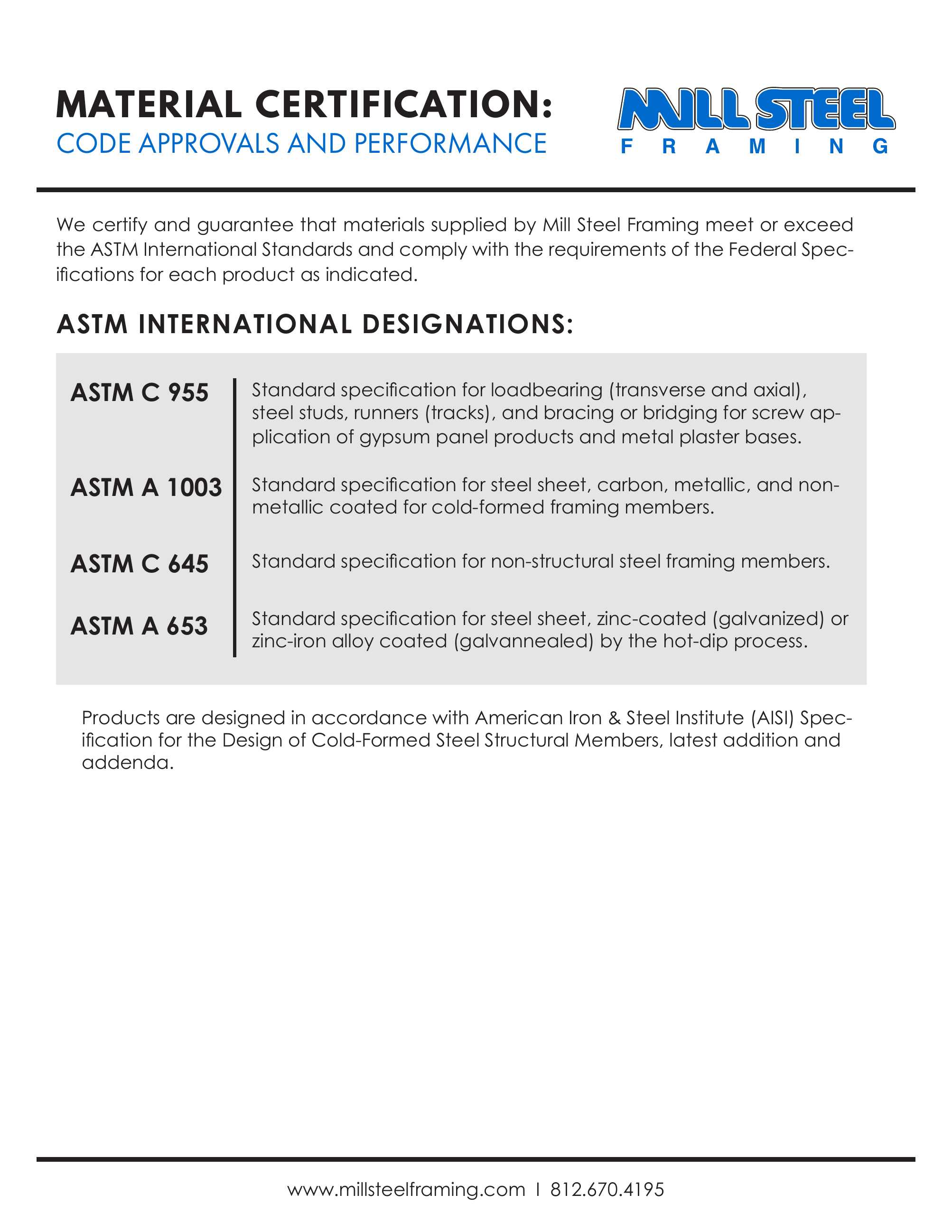 Mill Steel Framing, Catalogs, Certification of Materials | ARCAT