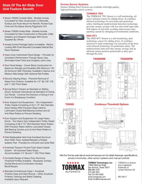 TORMAX USA Inc., Catalogs, Automatic Slide Door Systems Series TX9200 ...