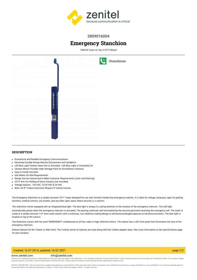 Zenitel, Catalogs, Emergency Stanchion | ARCAT