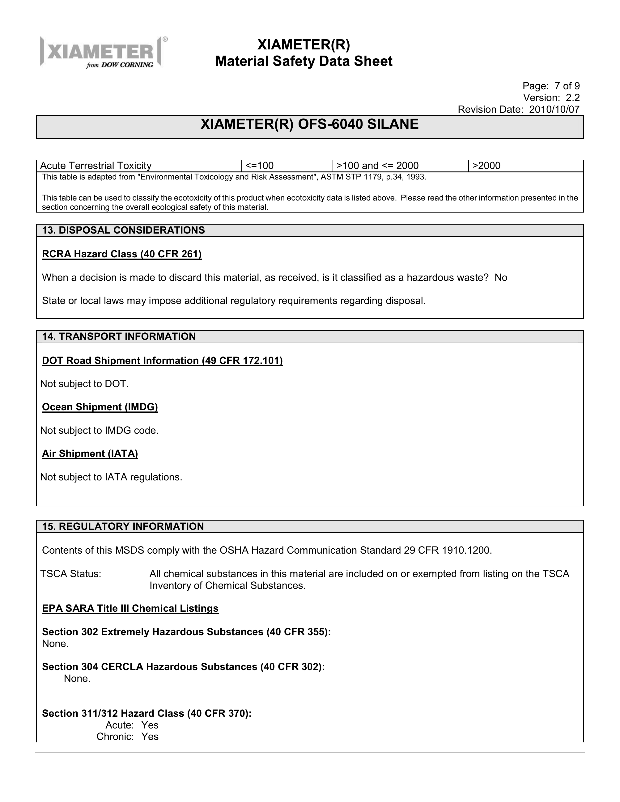 ZippyGrid, Catalogs, XIAMETER OFS-6040 MSDS (Material Safety Data Sheet ...
